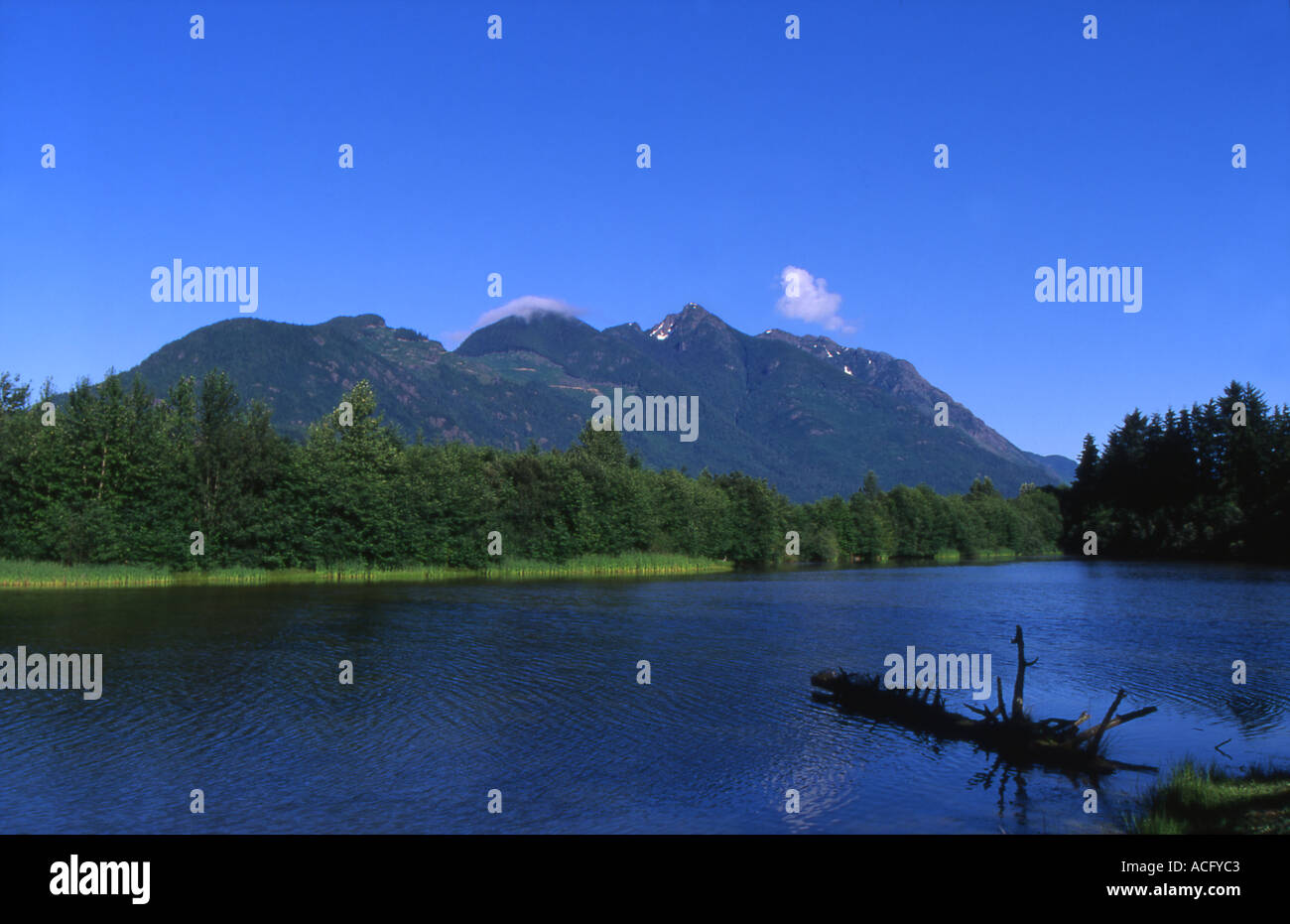 View of beautiful mountain scenery and lake, Sayward, Kelsey Bay ...
