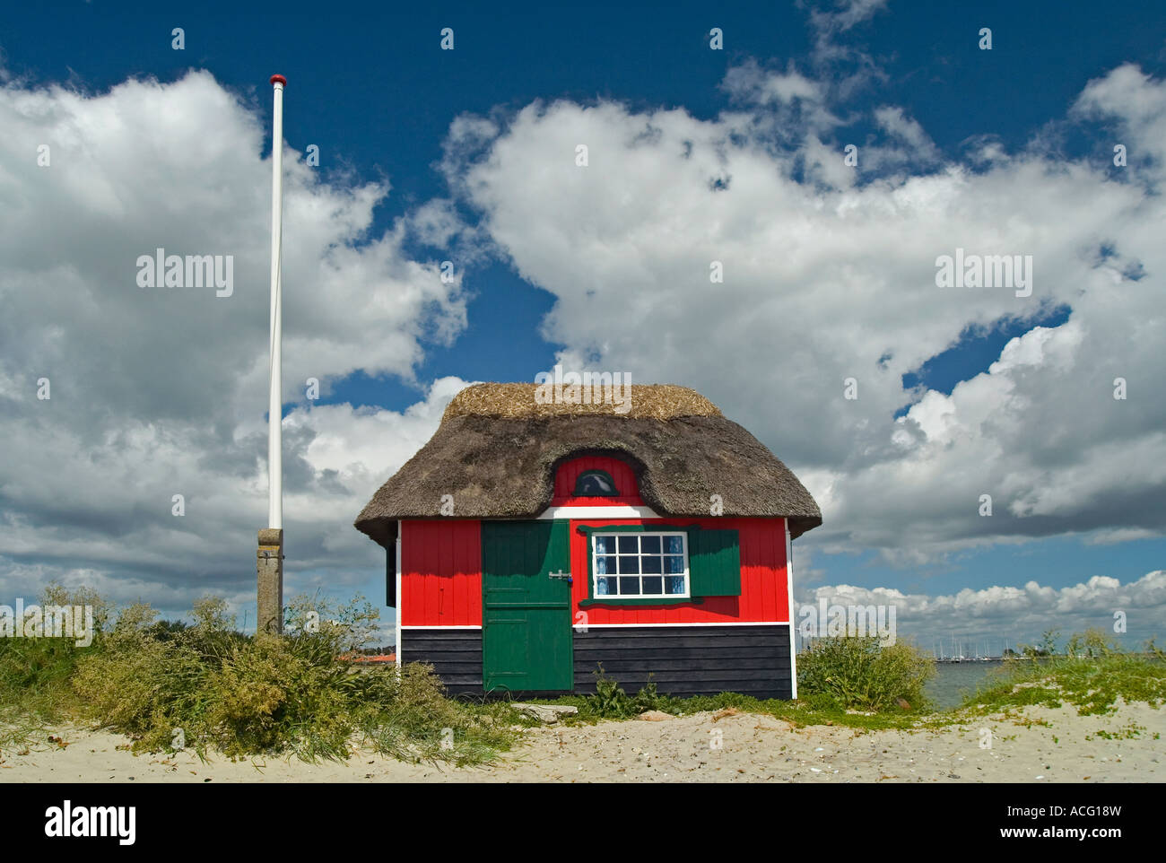 Old small red beach house with tatched roof Marstal Denmark Stock Photo ...