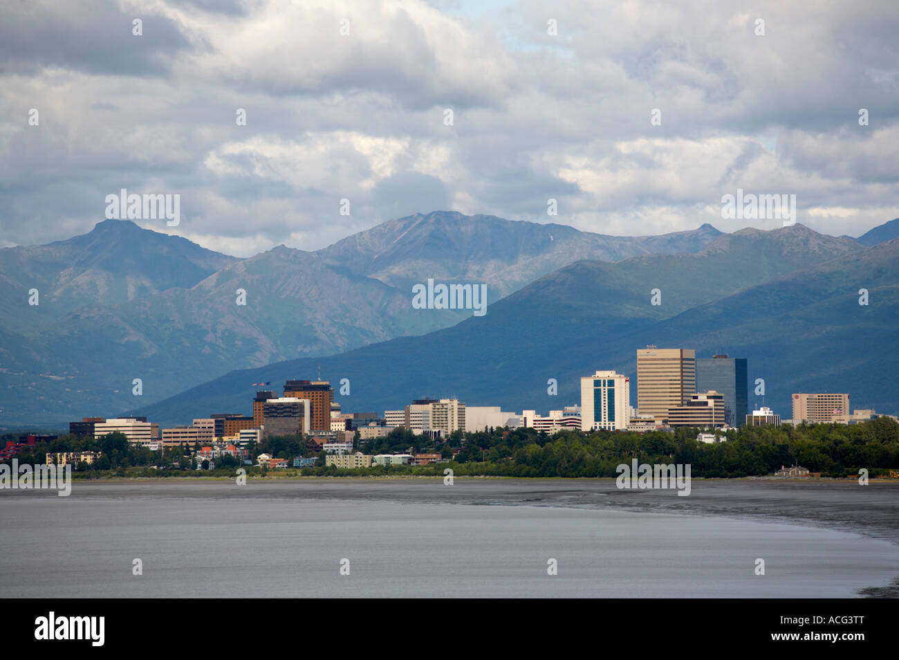 Downtown Anchorage Alaska across Cook Inlet with Chugach Mountains in ...
