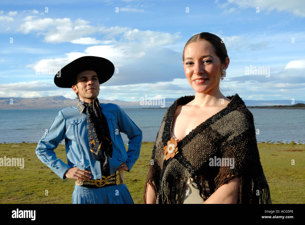 Dancers in Patagonian traditional costumes on an estancia El Calafate ...