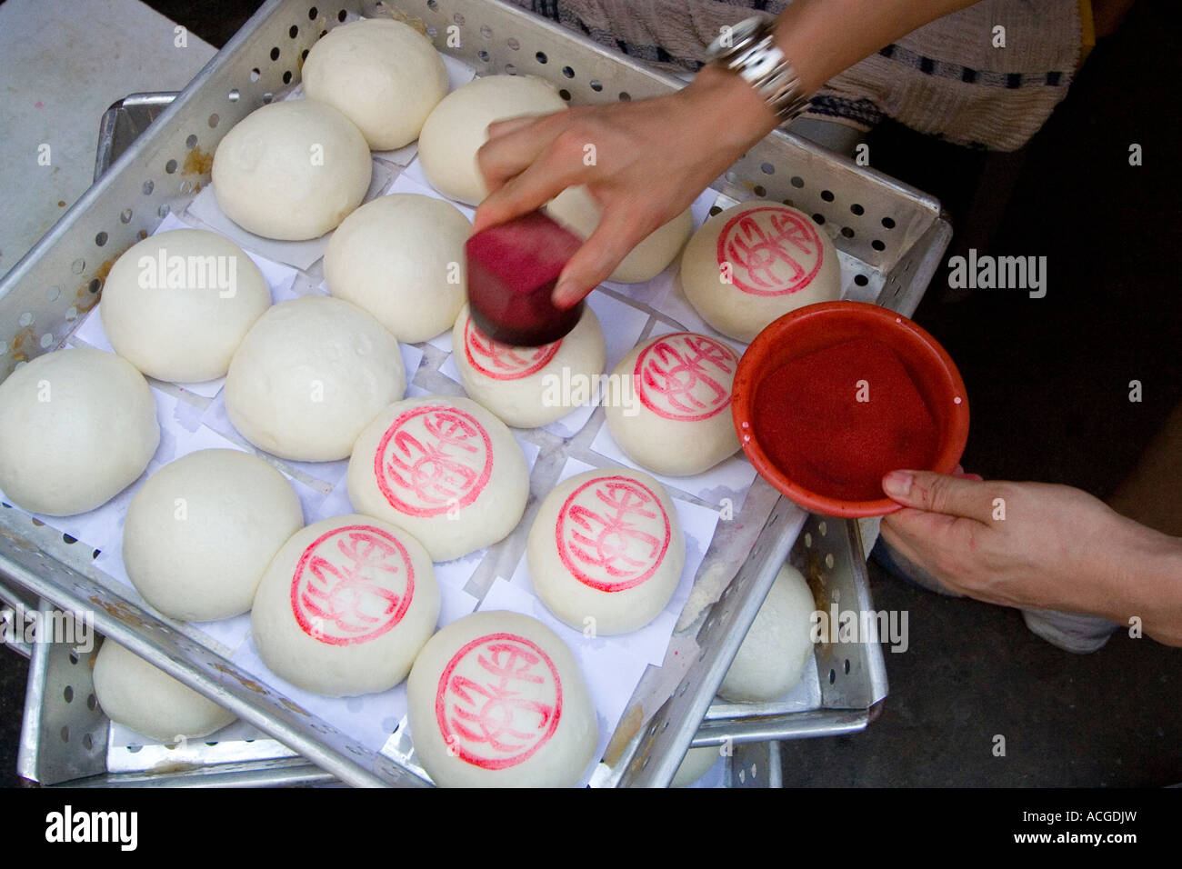 Making Red Stamp on Steamed Buns Cheung Chau Bun Festival Hong Kong SAR ...