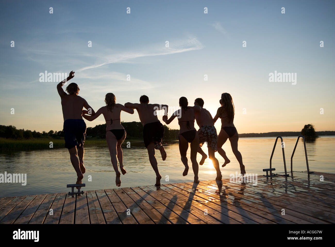 A group of people diving into the water holding hands rear view Stock ...