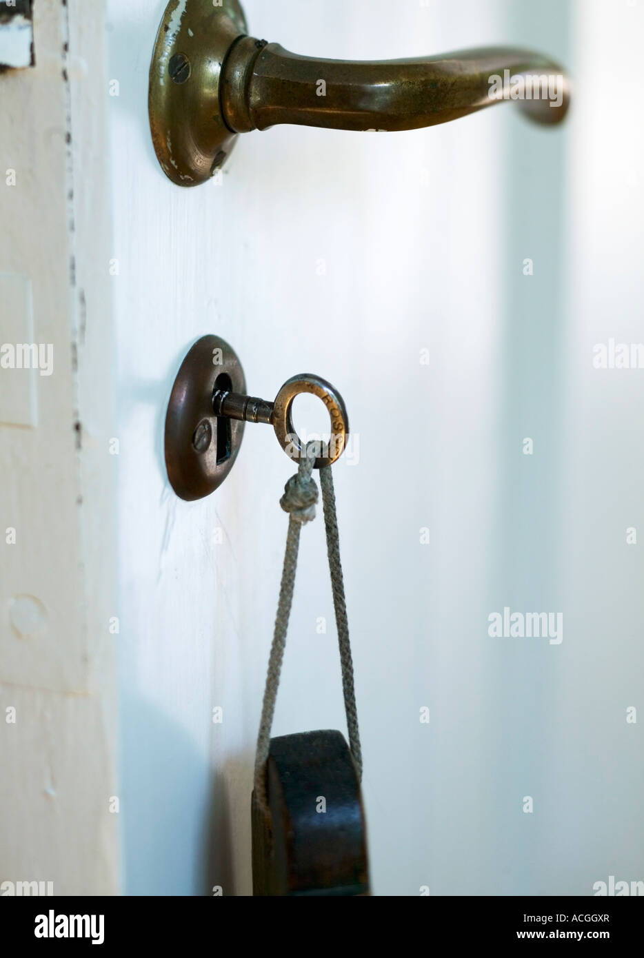 A keyhole with key and a handle on a white door Stock Photo - Alamy