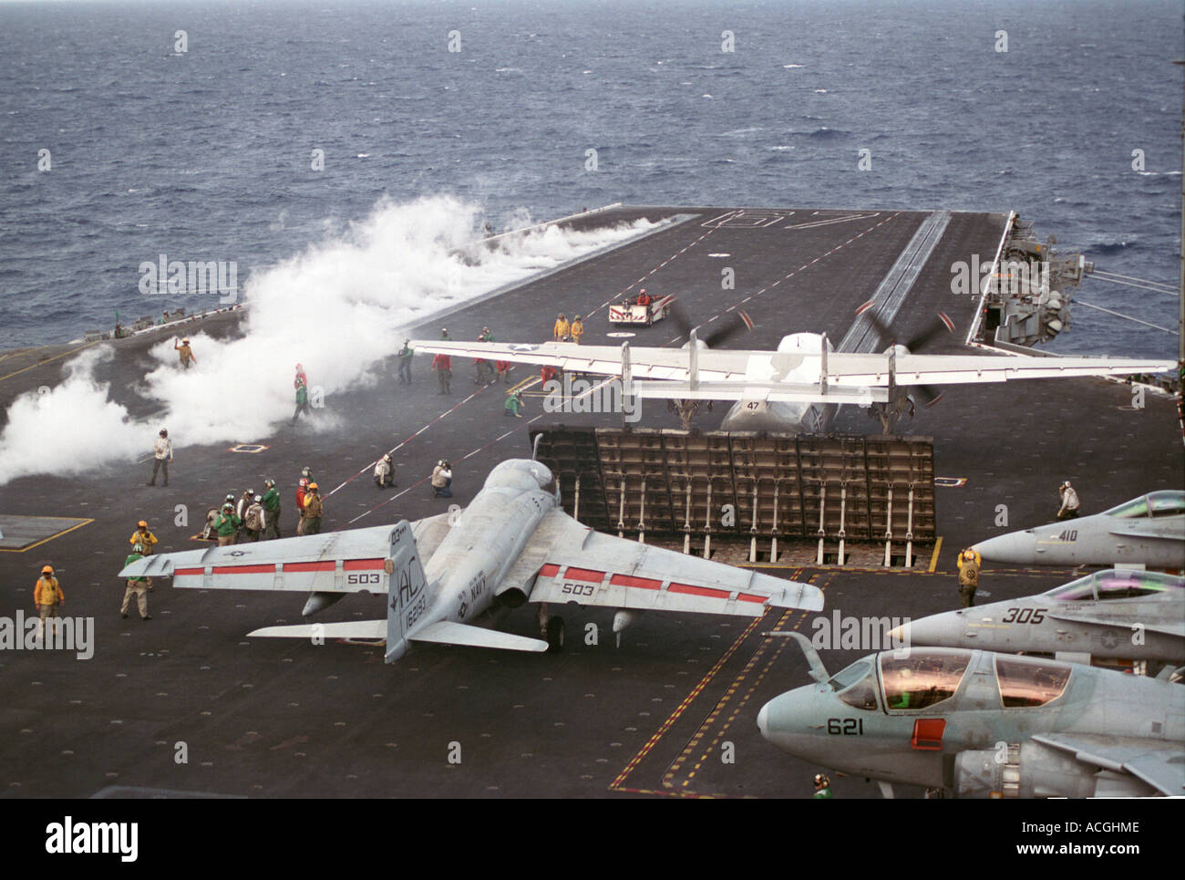 View of bow catapults launching aircraft from the deck of USS JOHN F ...