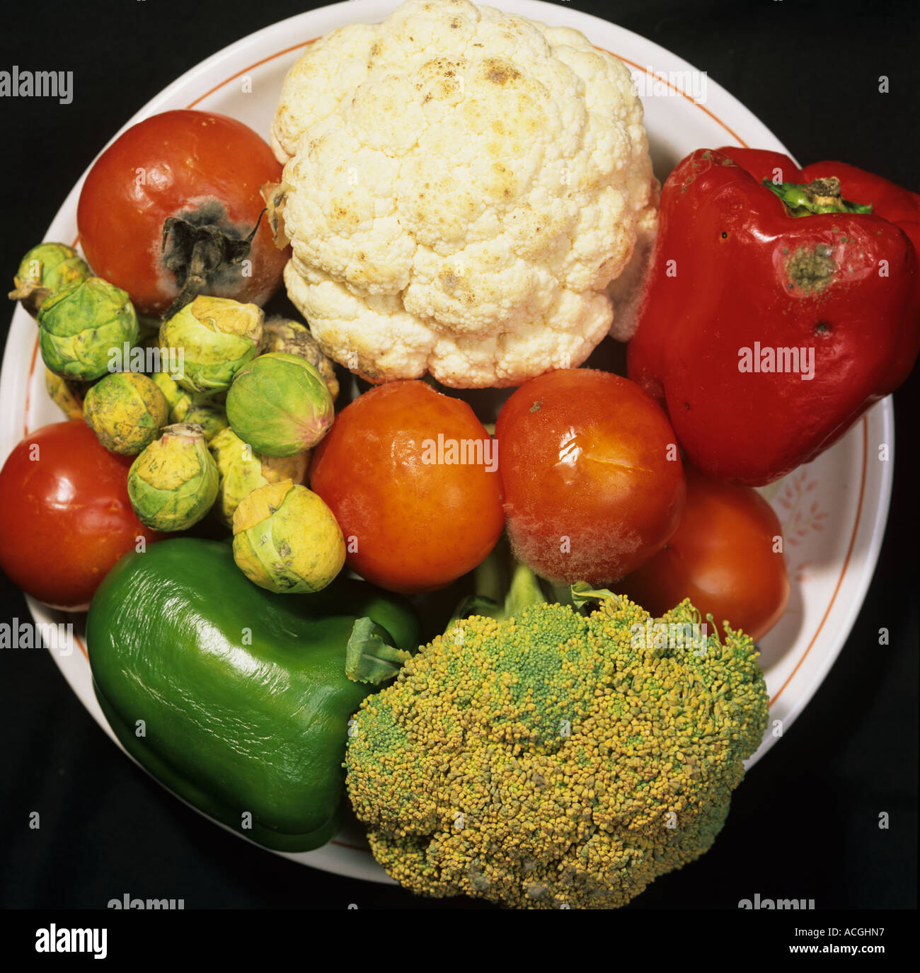 Three of a series of photographs of raw vegetables slowly rotting and ...