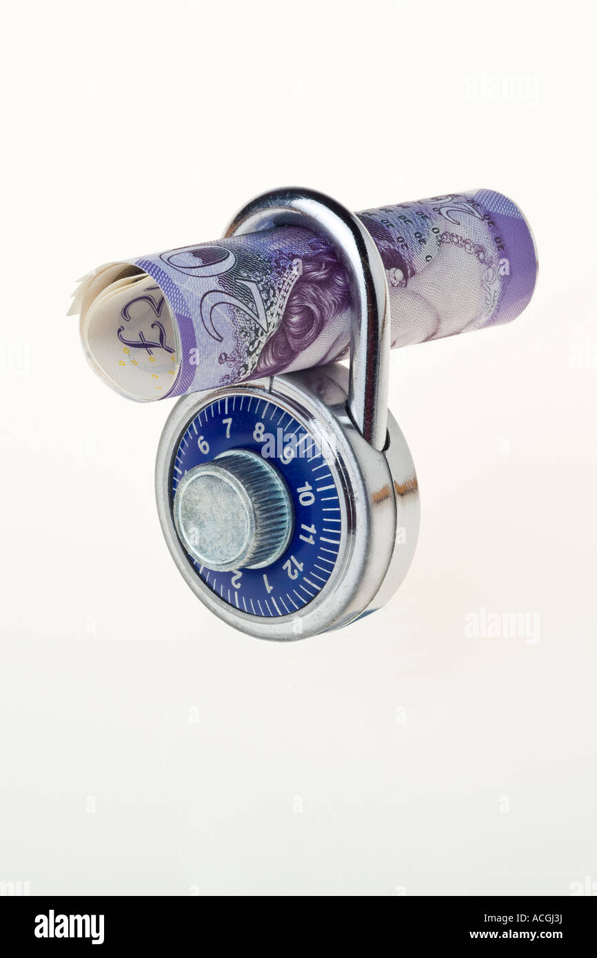 Simple rotary combination number padlock with 20 pound UK bank note ...