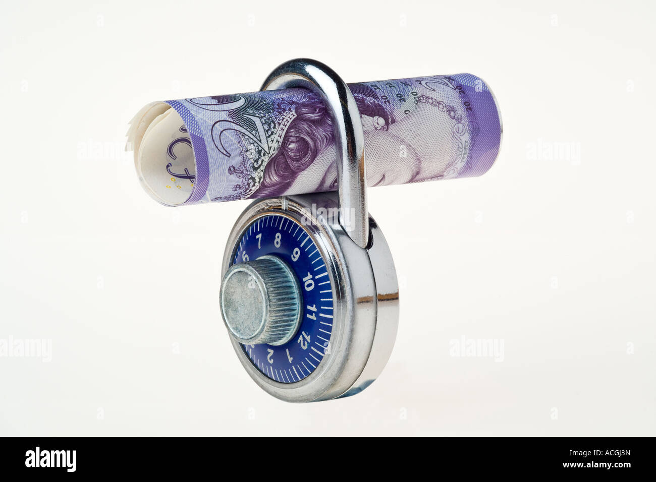 Simple rotary combination number padlock with 20 pound UK bank note ...