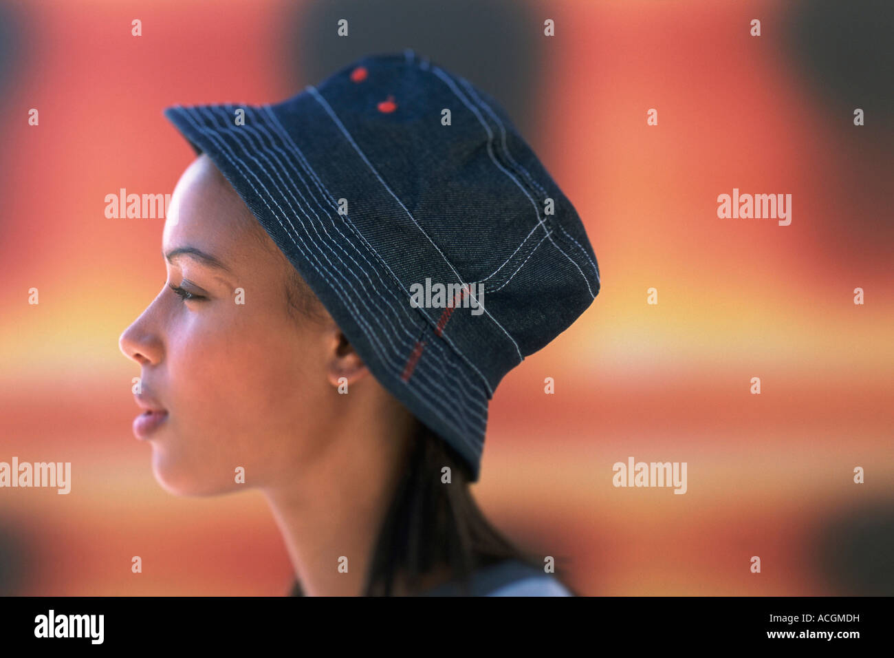 Portrait girl profile wearing hat Stock Photo - Alamy