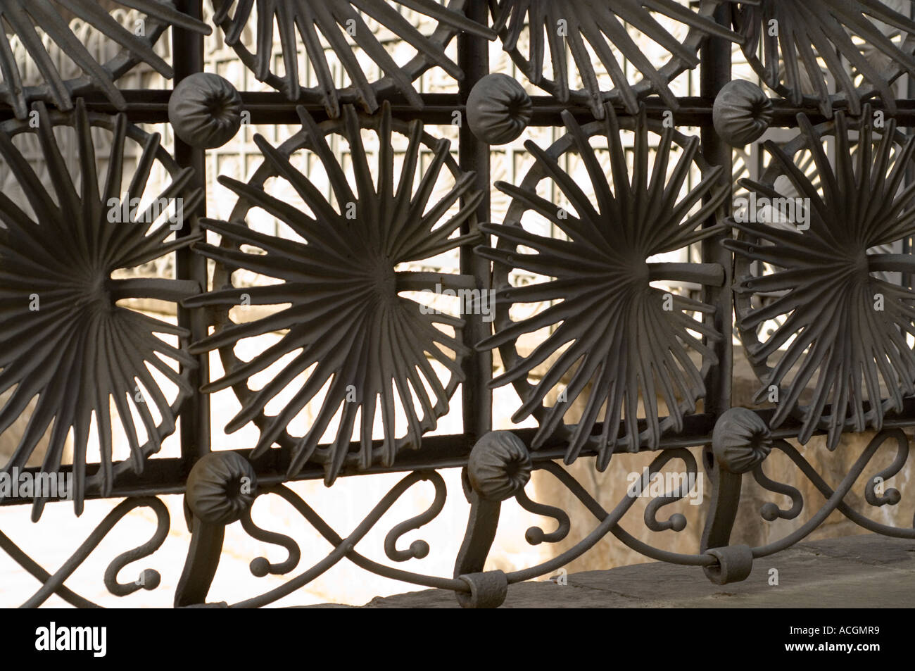 Wrought-iron fence reminiscent of palm leaves Park Guell (1900-1914 ...