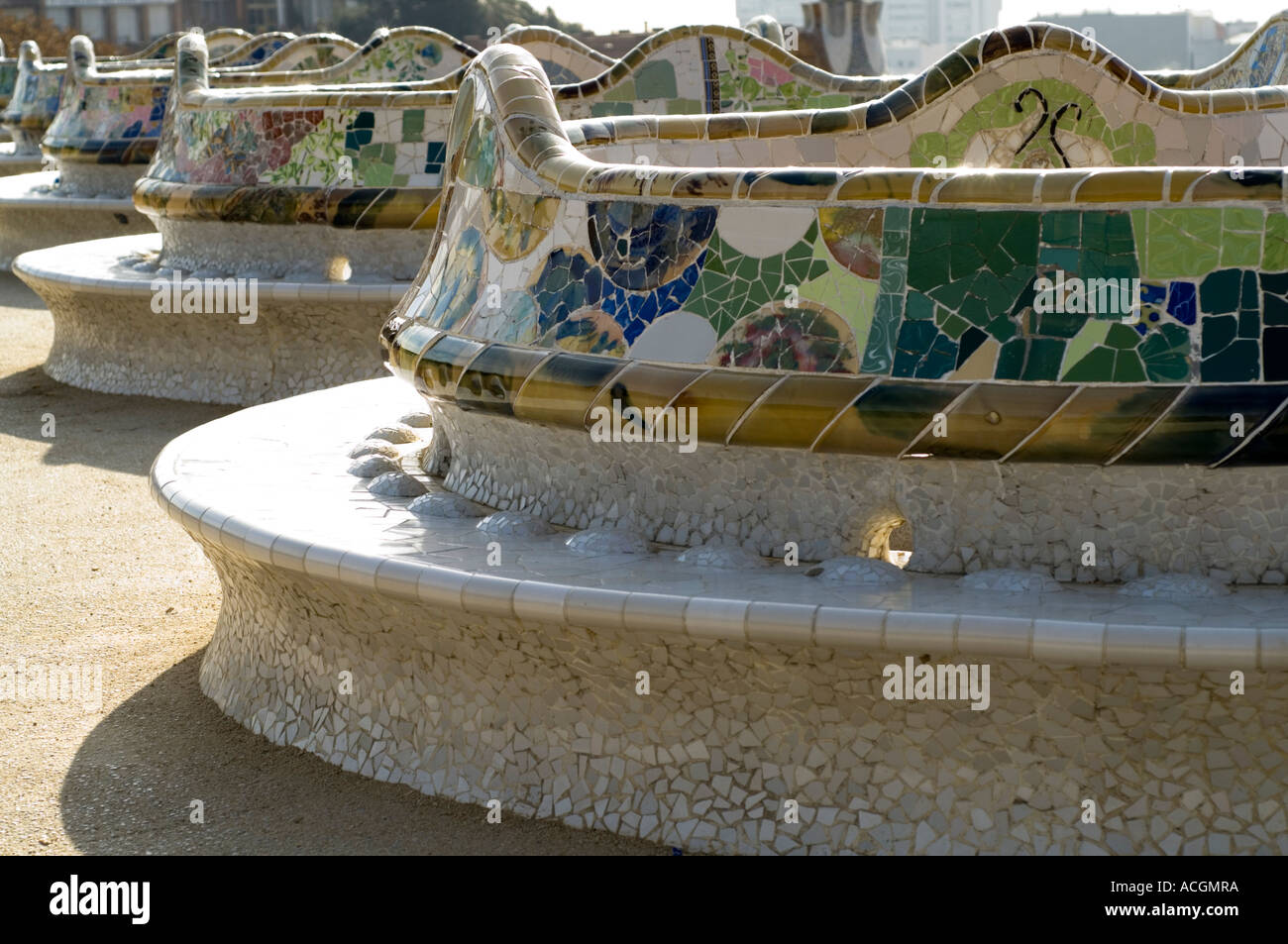 The serpentine bench is the focal point of the Park Guell, Antoni Gaudi ...
