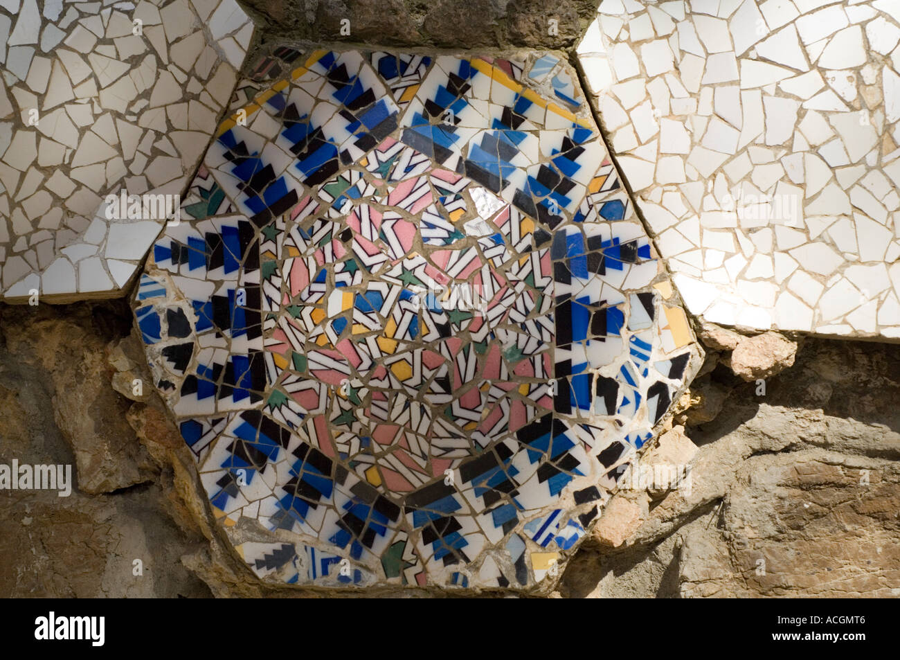 Detail of trencadis, mosaic in Park Guell (1900-1914), Antoni Gaudi ...