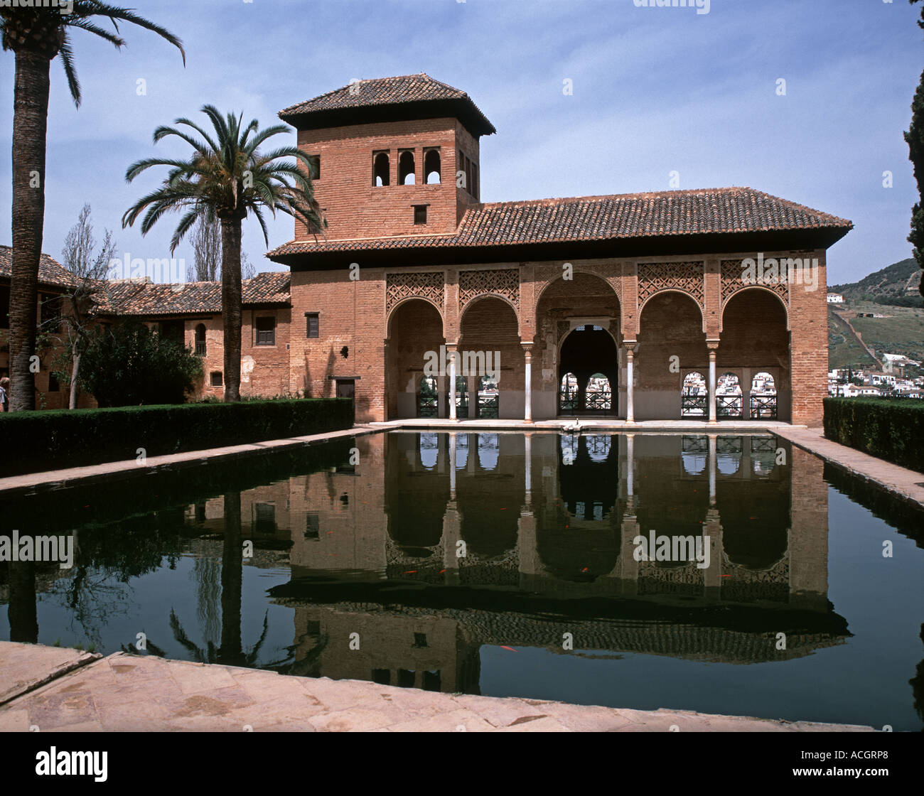 The pool of the Partal and Tower of the Ladies at the Alhambra Stock ...