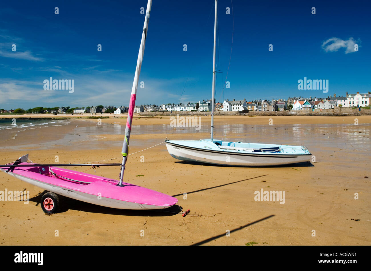 Colourful sailing boats on beach at Elie in East Neuk of Fife in ...