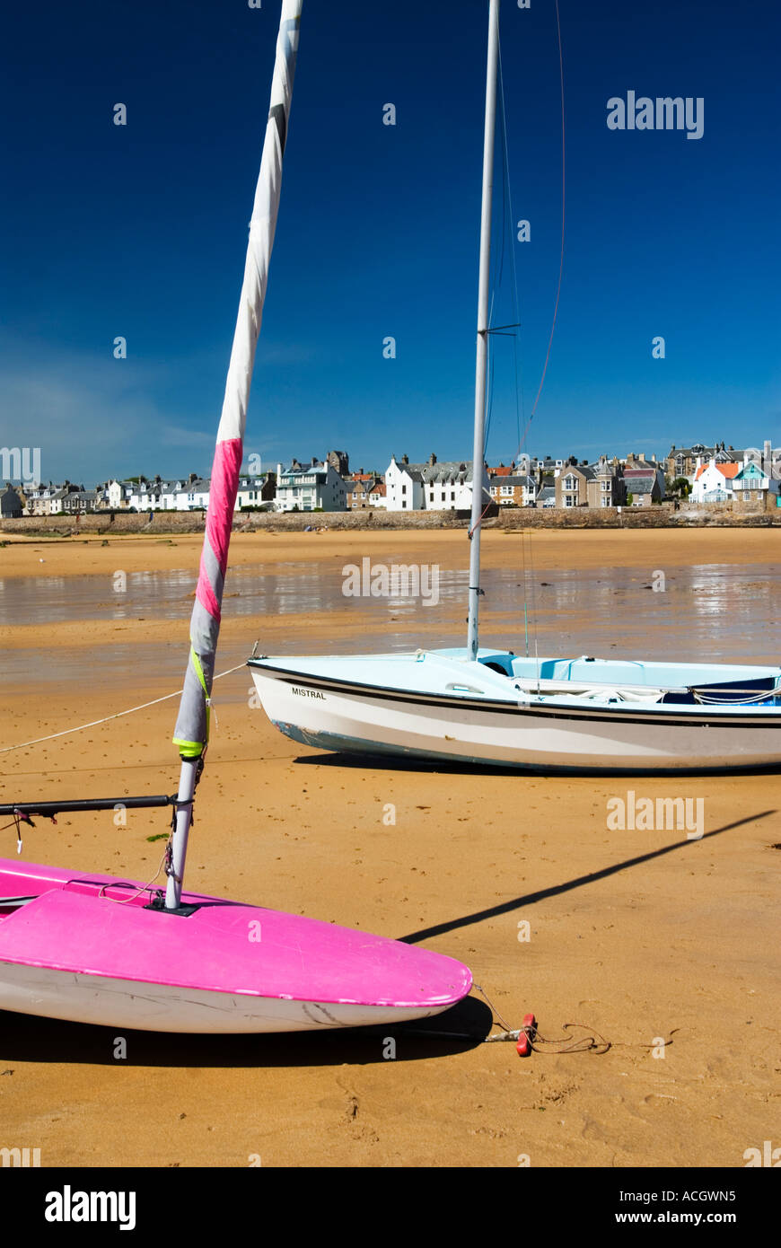Colourful sailing boats on beach at Elie in East Neuk of Fife in ...