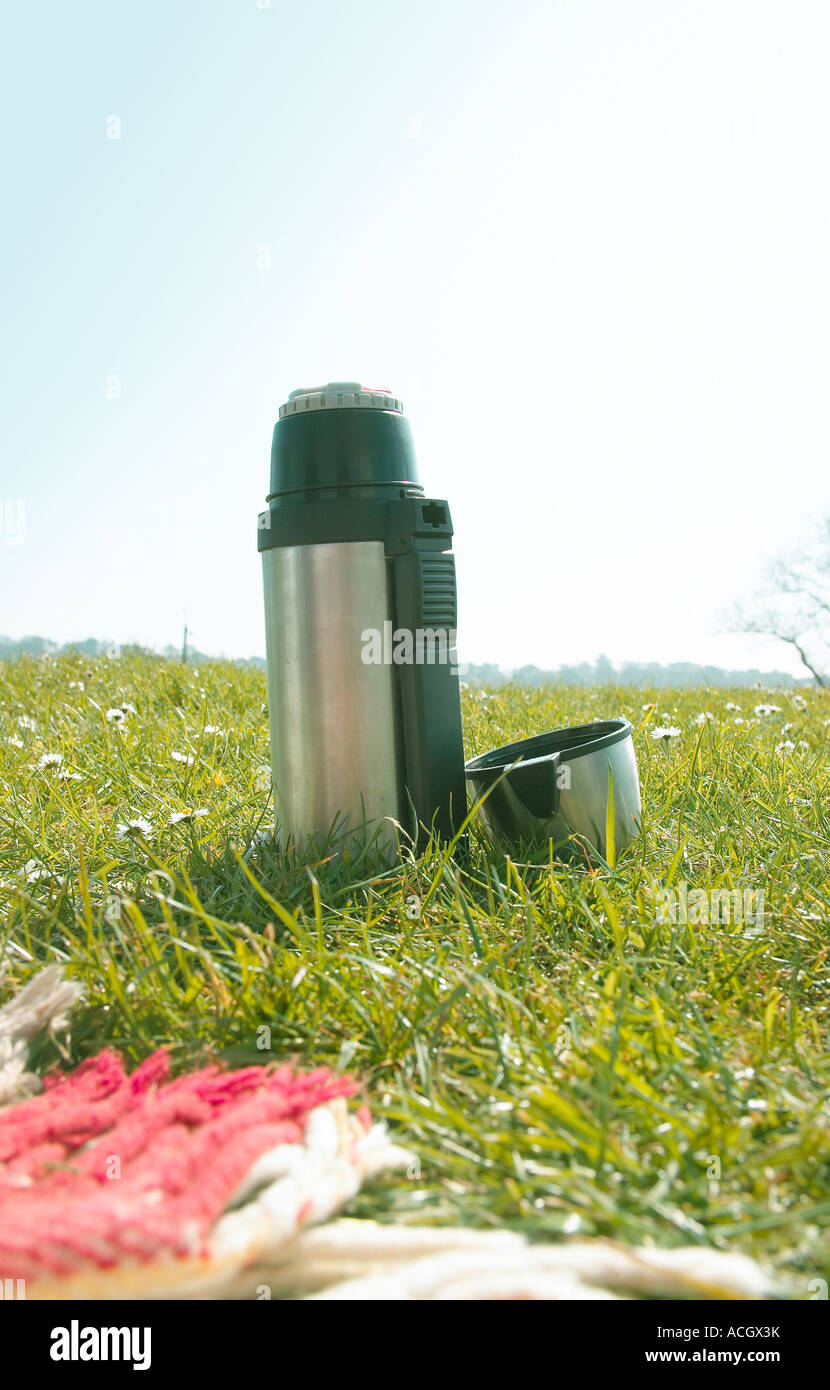 A chrome flask and picnic rug on the grass on a summers days Stock ...