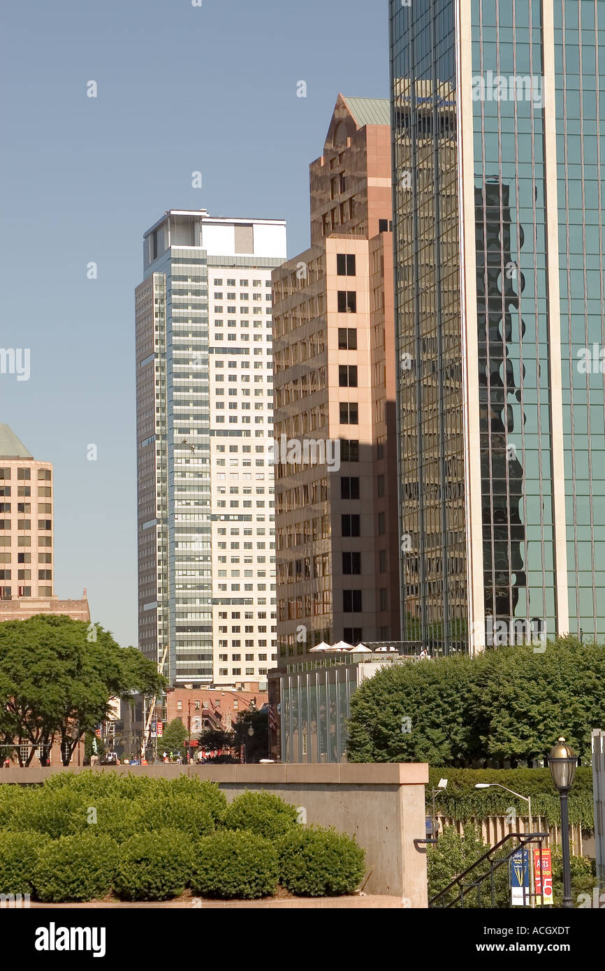 Reflection of office buildings and travelers tower hi-res stock ...