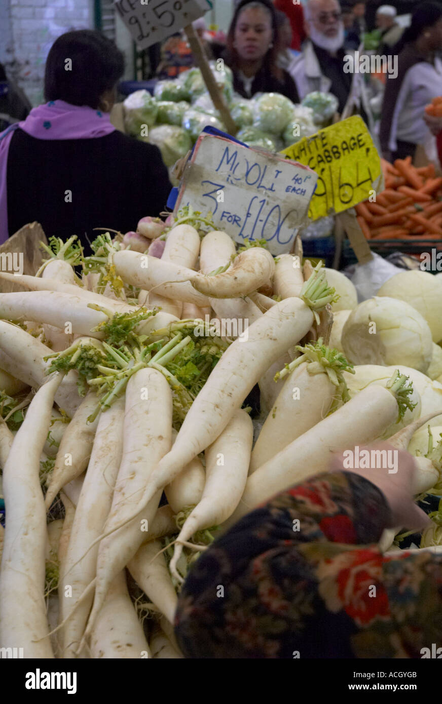 Mooli at Queens Market in Upton Park East London UK Stock Photo - Alamy