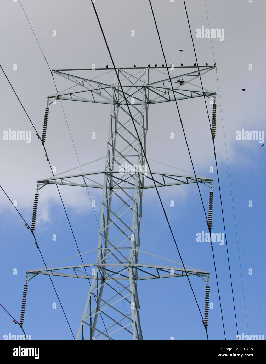 Power cables on an electrical tower Stock Photo - Alamy