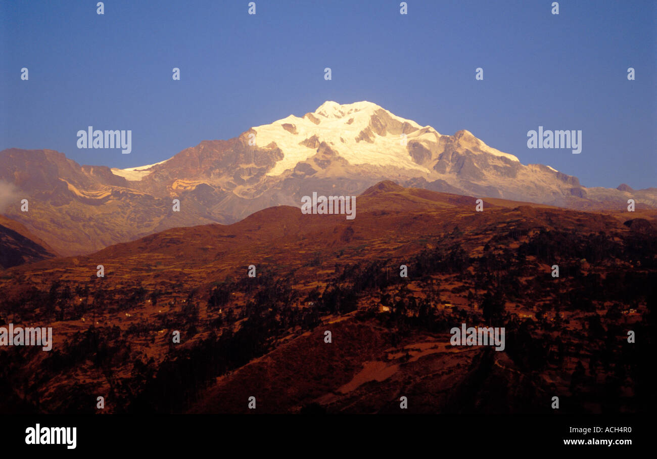 Snow capped Mount Illampu with the altitude of 6700 meters lit by the ...