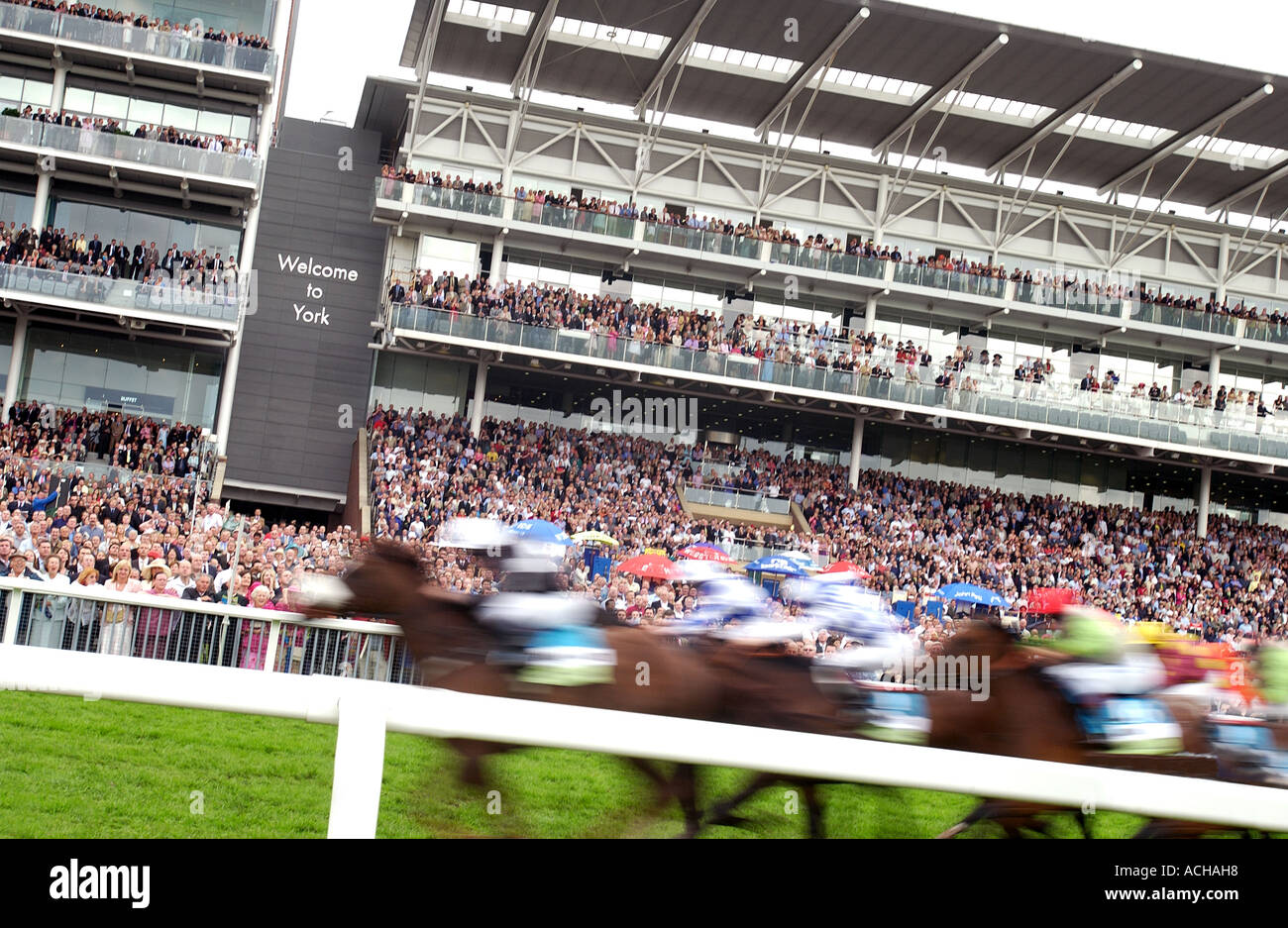 Horses at the winning post (1) - York Racecourse Stock Photo - Alamy