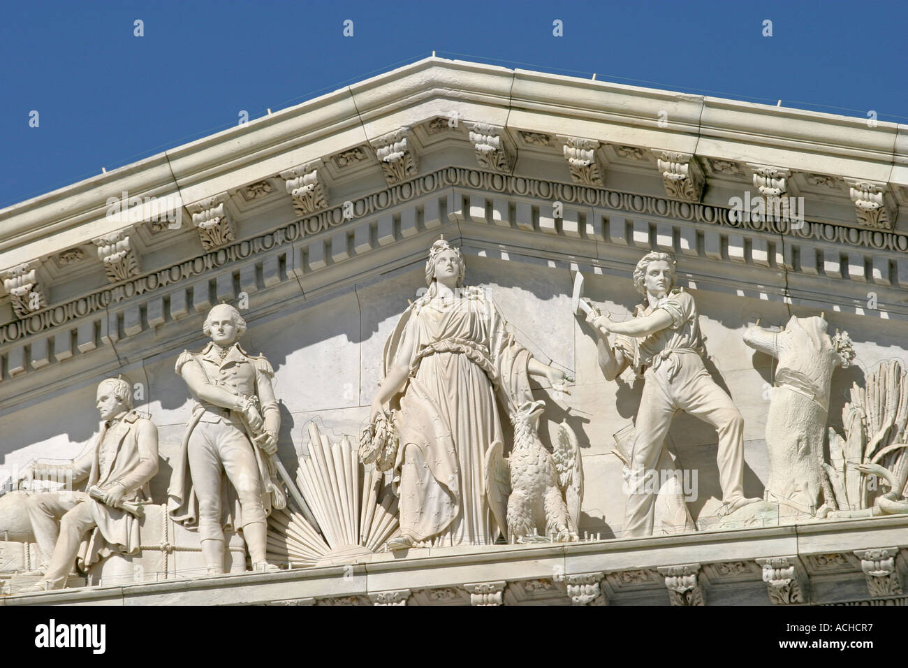 detail of statues on part of rear of Capitol building. Washington, D.C ...