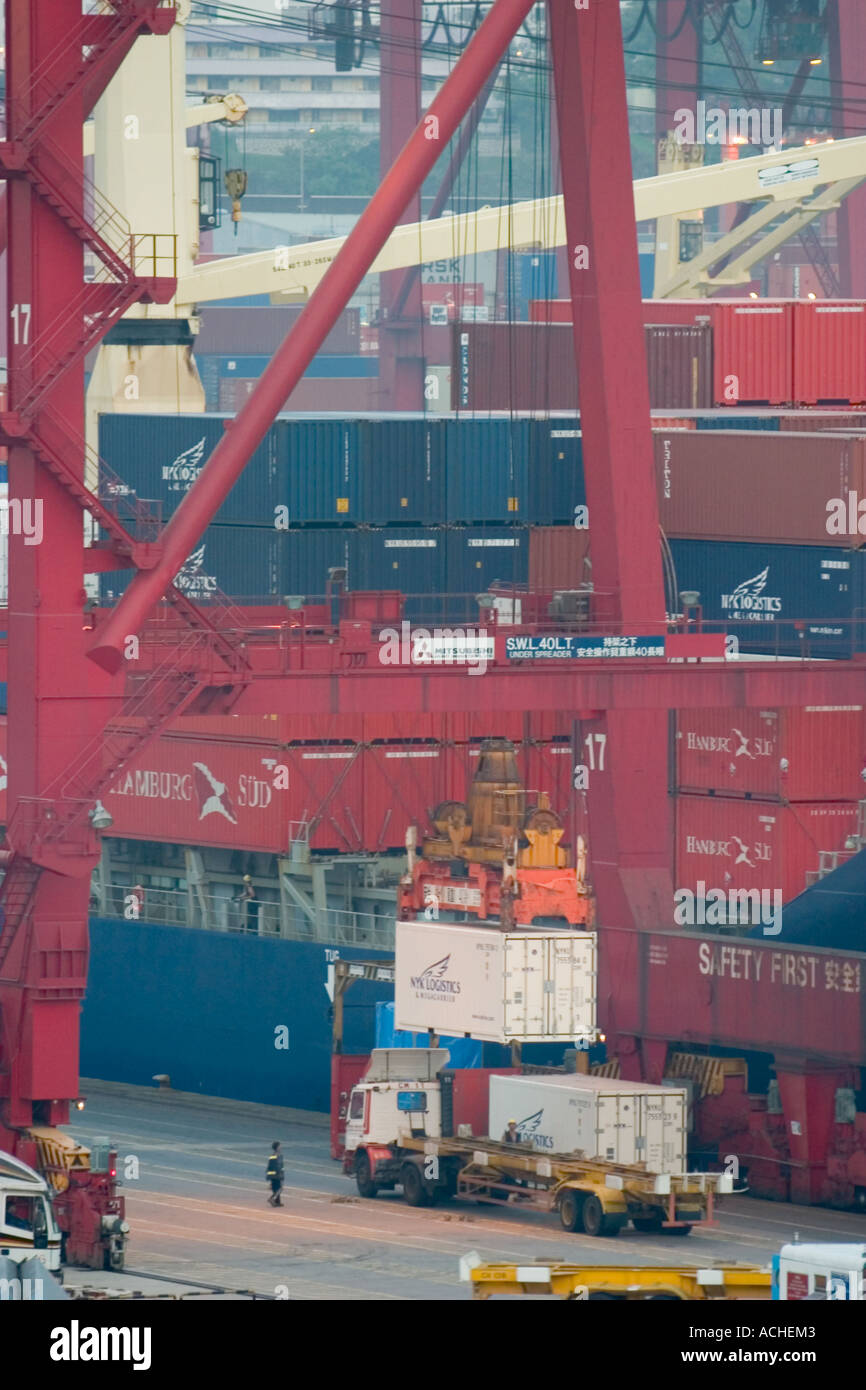 Container Ship being off loaded onto trucks at Hong Kong Terminal HIT ...