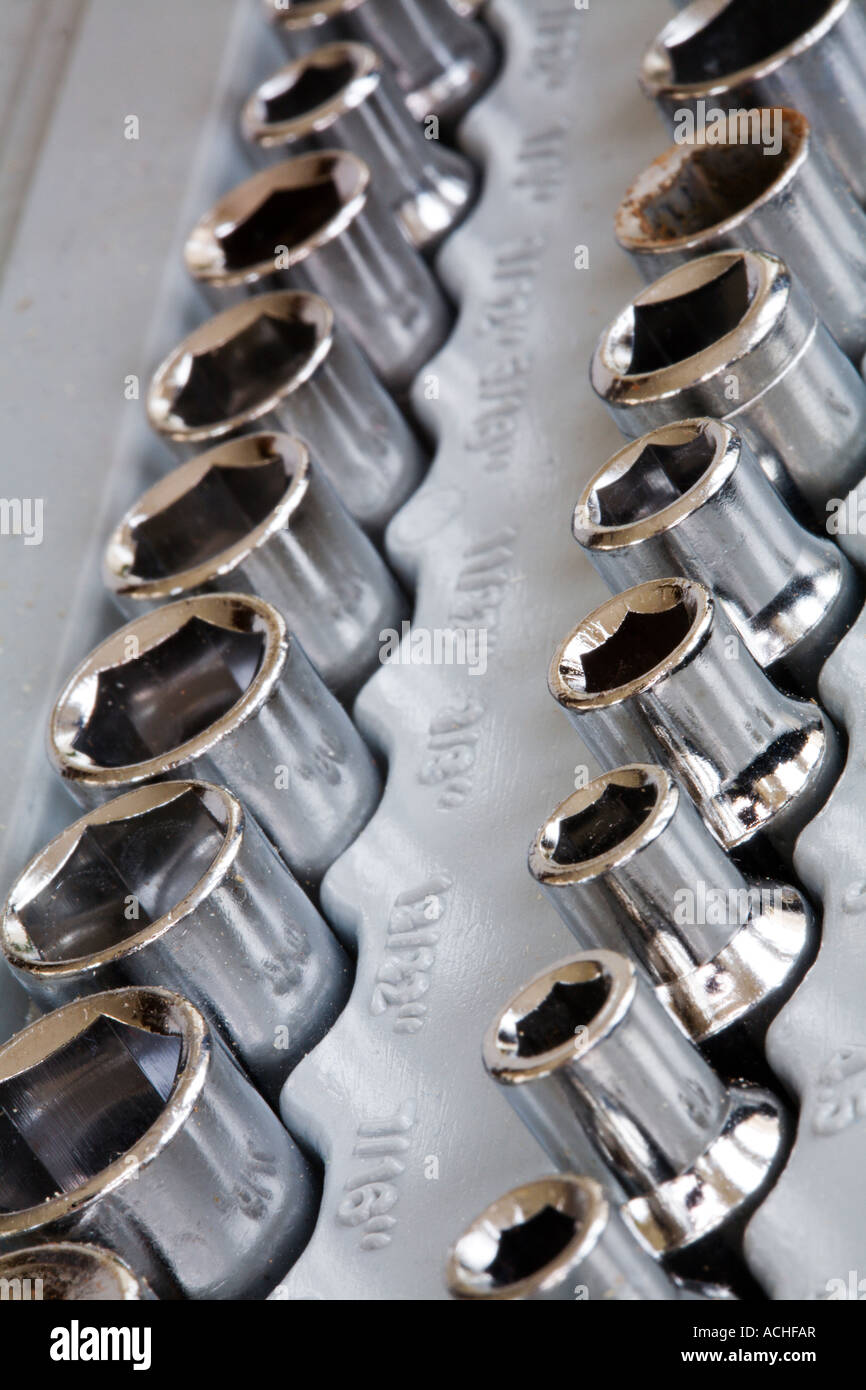 Shiny chrome socket set in holder Stock Photo - Alamy