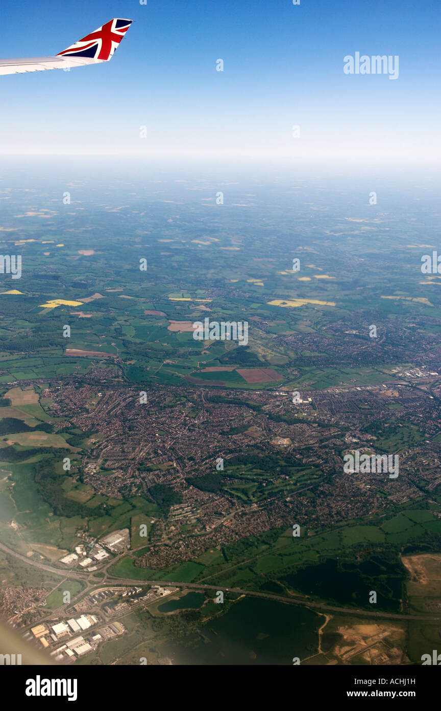 Aerial view wing tip Virgin Atlantic airplane with union jack motif ...