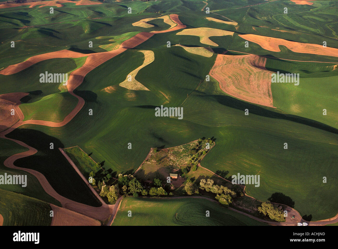 Aerial view of rolling hills of the Palouse Valley farmlands in Eastern ...