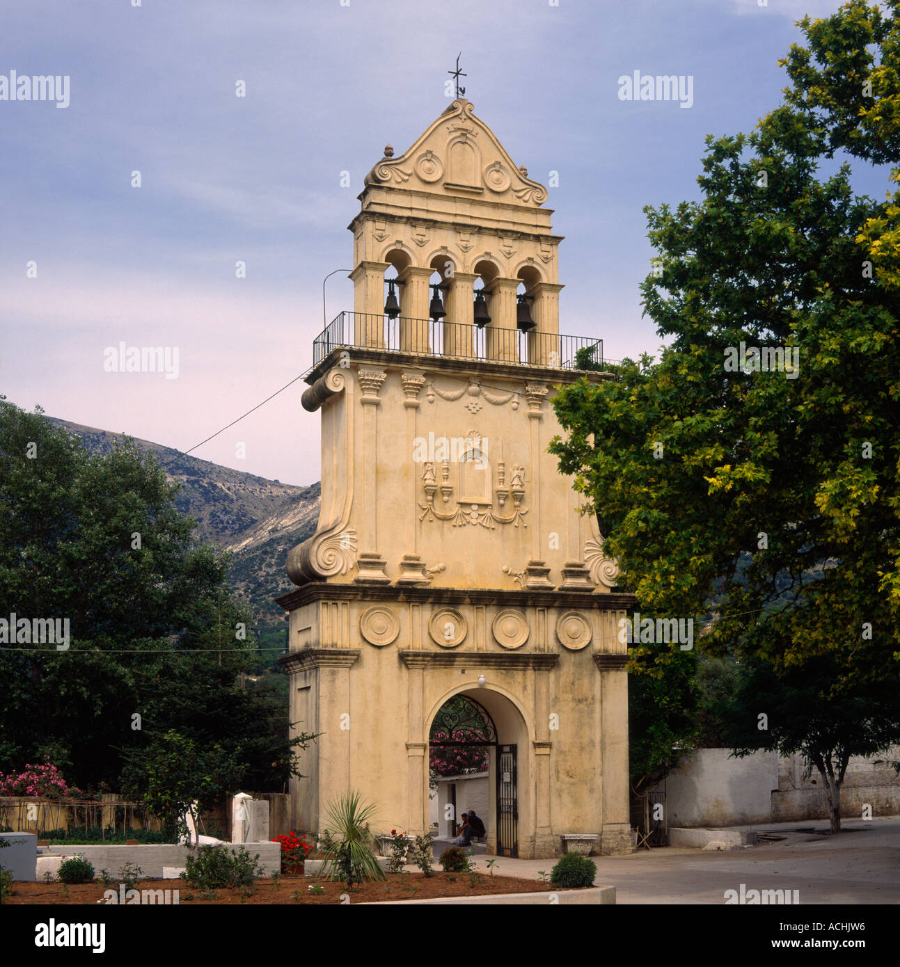 St Gerasimos Monastery ornate stone entrance with four bells on the top ...