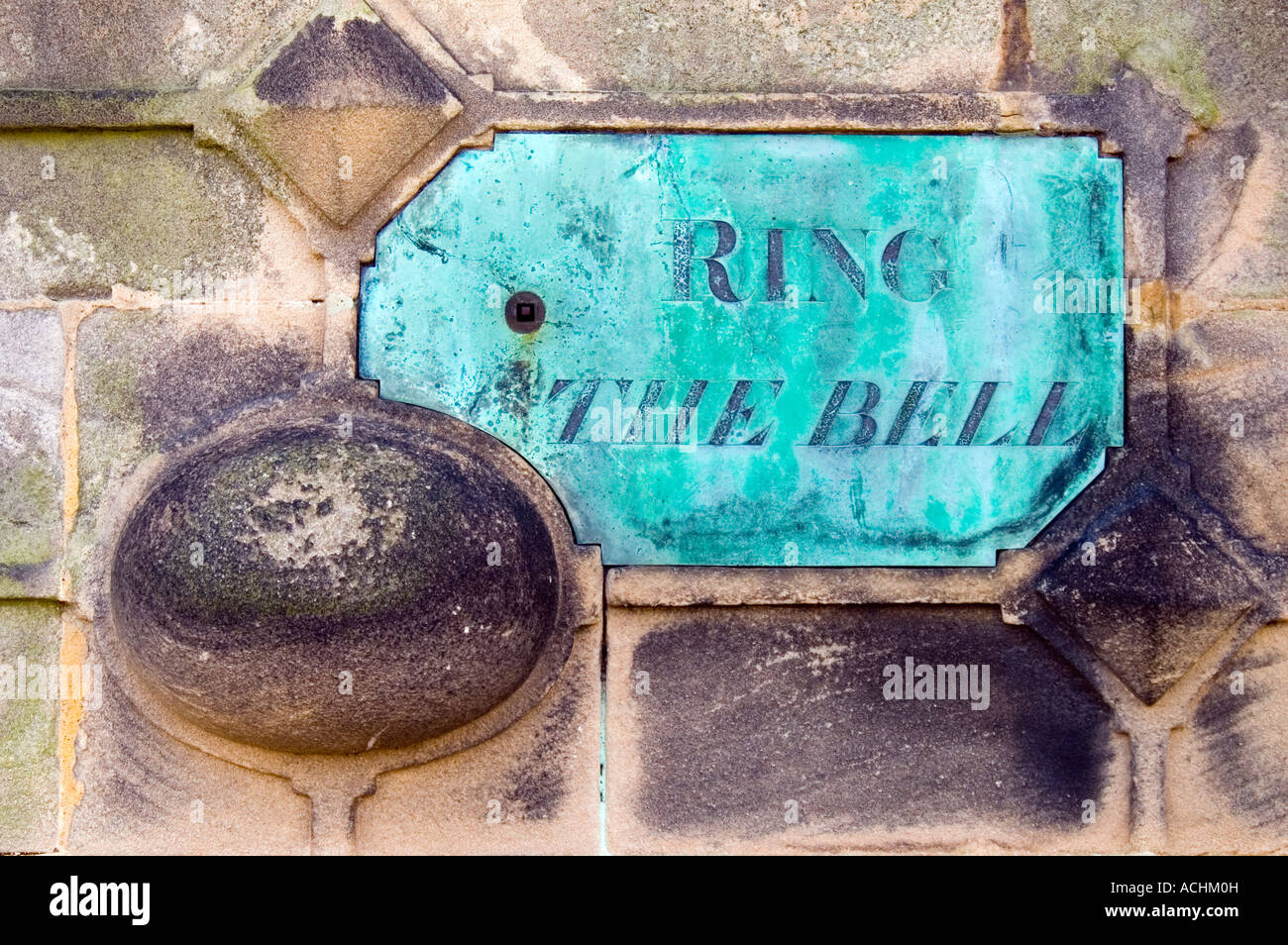 Old Copper signs saying Ring The Bell on the entrance to an old English ...