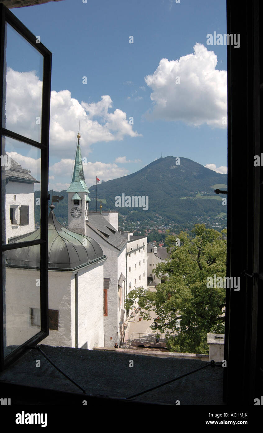 Austrian Alps through window of Hohensalzburg Fortress Salzburg Austria ...