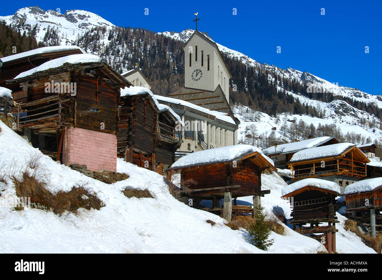 Village and church Blatten Loetschental Valais Switzerland Stock Photo ...