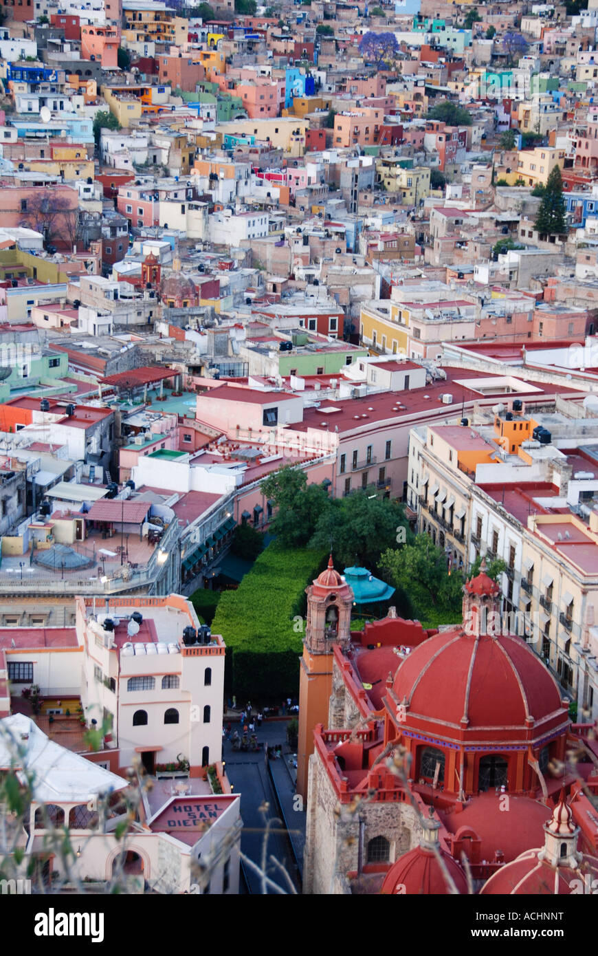 View looking down at the colorful houses of the Spanish colonial ...