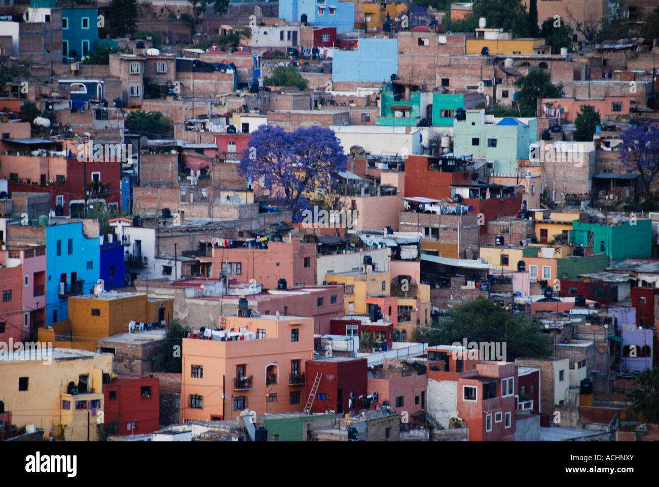 View looking down at the colorful houses of the Spanish colonial ...