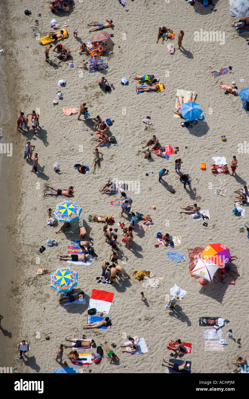People enjoying the beach aerial Buyukcekmece Southwest of Istanbul ...