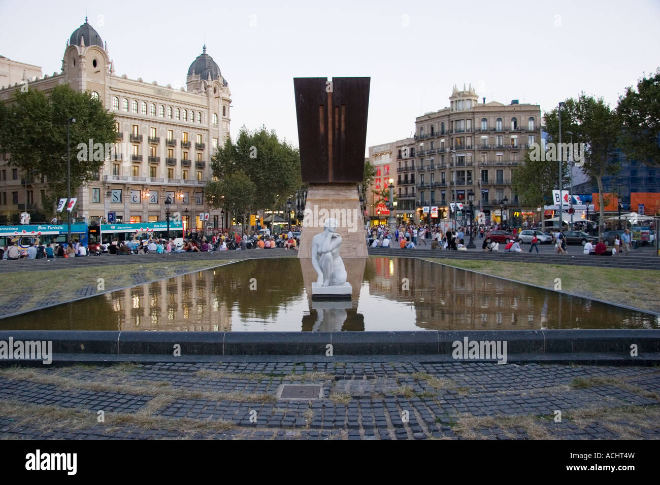 Fountain pond and statue at Placa Catalunya Barcelona Spain Stock Photo ...