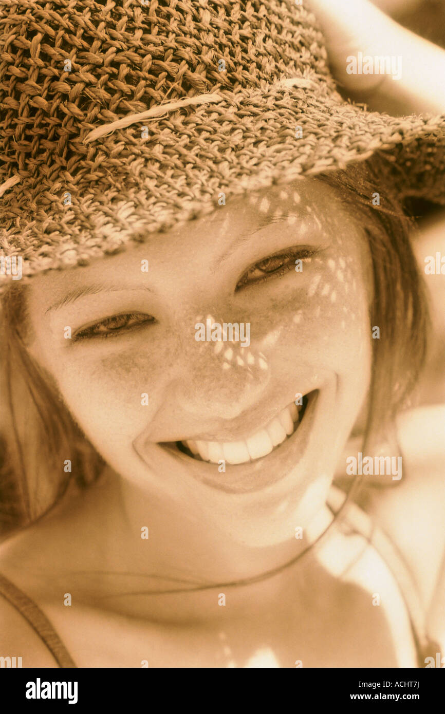 Black and white portrait woman smiling hat Stock Photo - Alamy