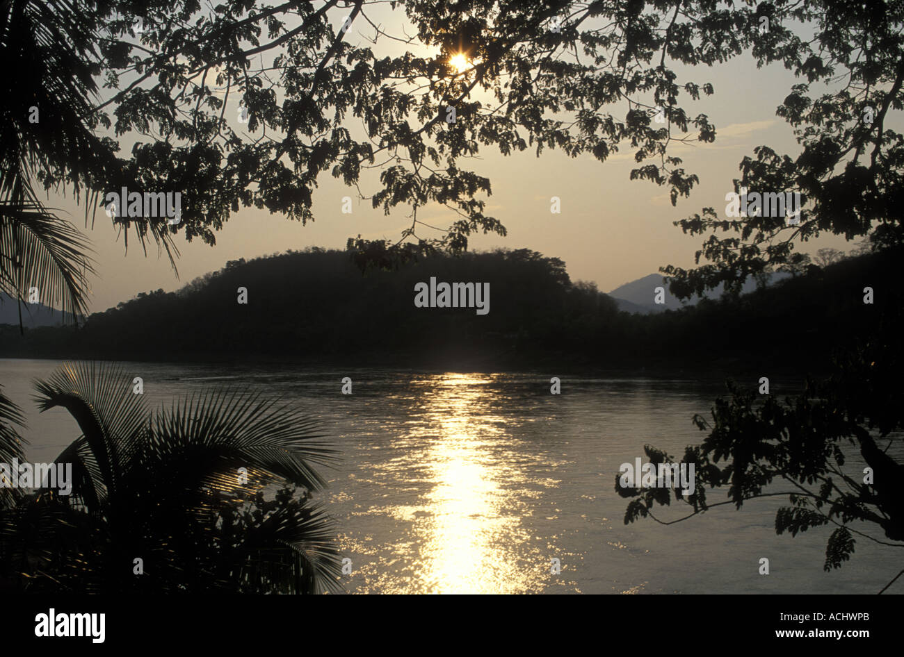Asia Laos Luang Prabang Trees on steep bluff frame setting sun ...