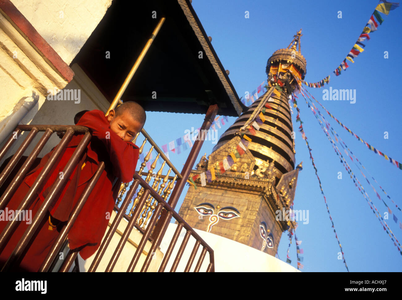 Nepal Katmandu Portrait of young Buddhist monk at Swayambhunath stupa ...