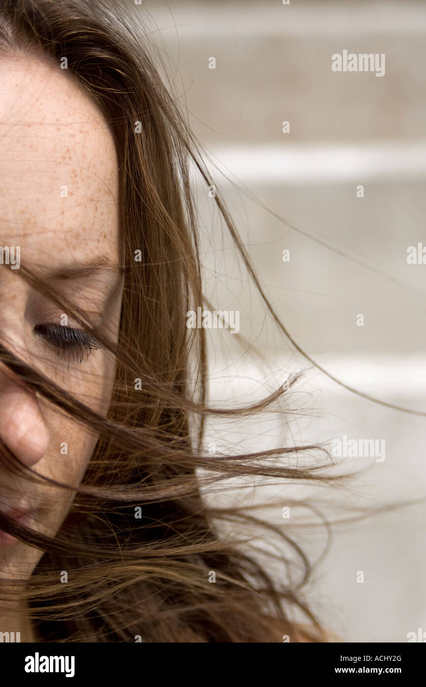 freckled faced young woman looking anxious nervous worried concerned ...