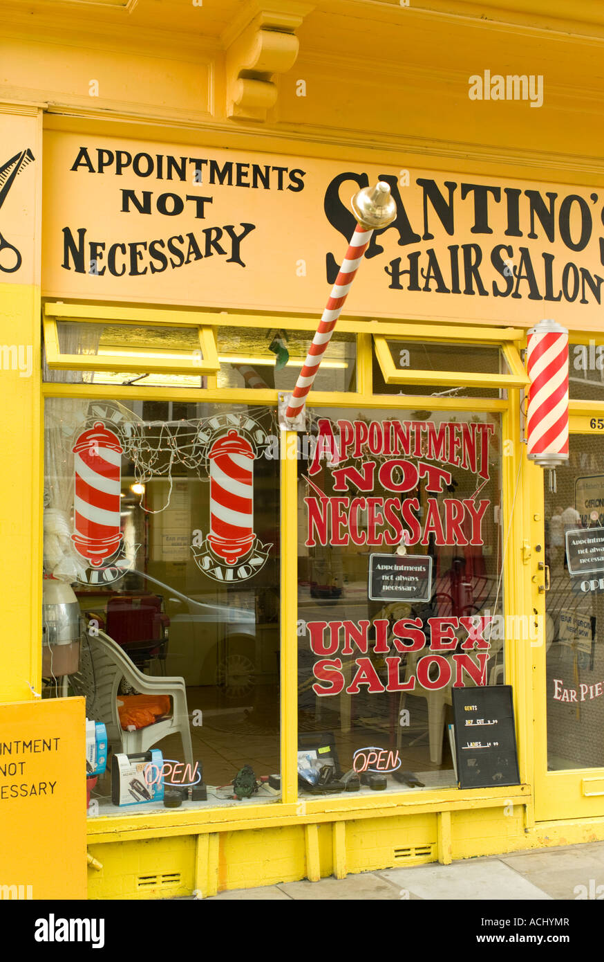 yellow painted old fashioned traditional mens Hairdresser barber shop ...