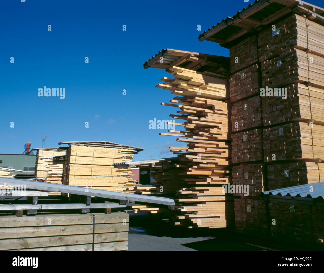 Stacked timber at a modern timber processing plant, Lycksele ...