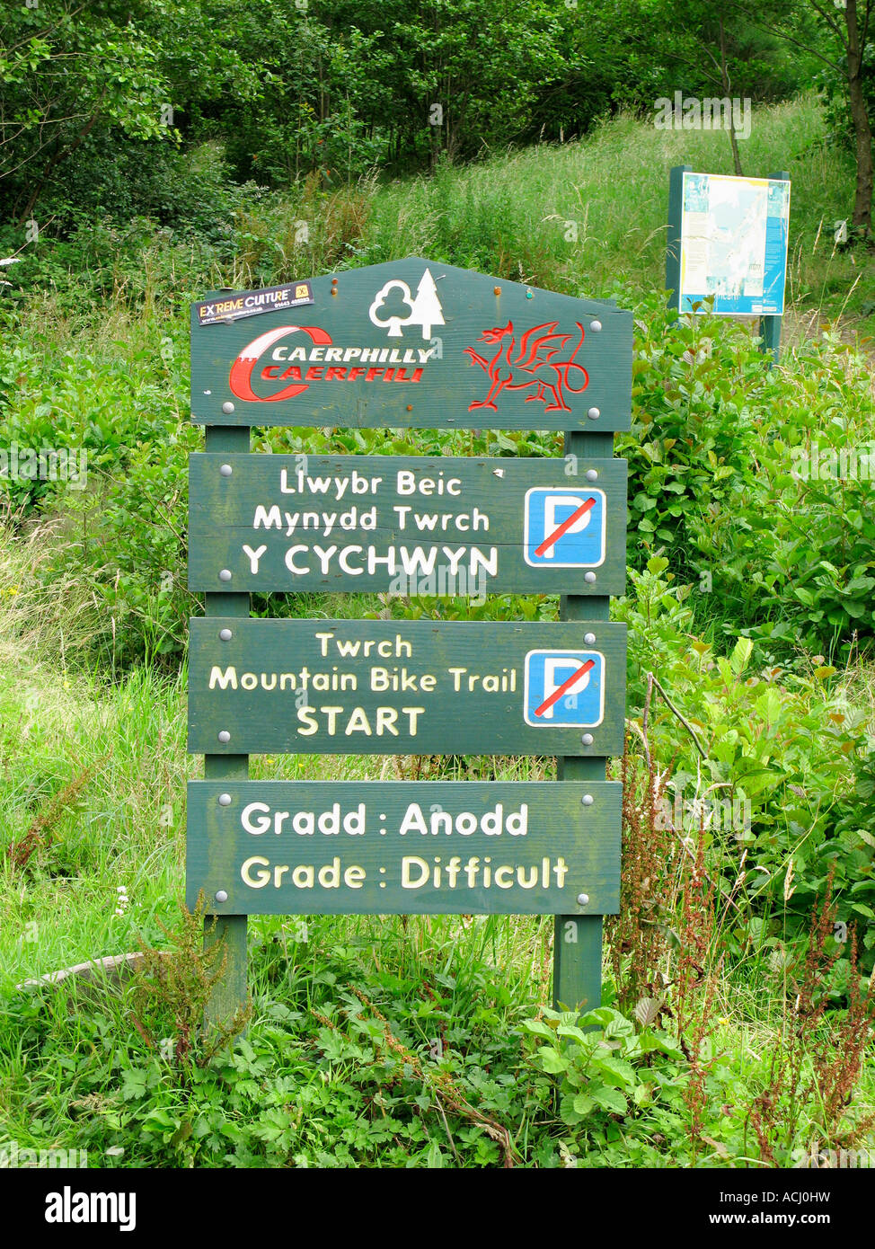 Bilingual Welsh & English sign at start of Twrch Mountain Bike Trail at ...