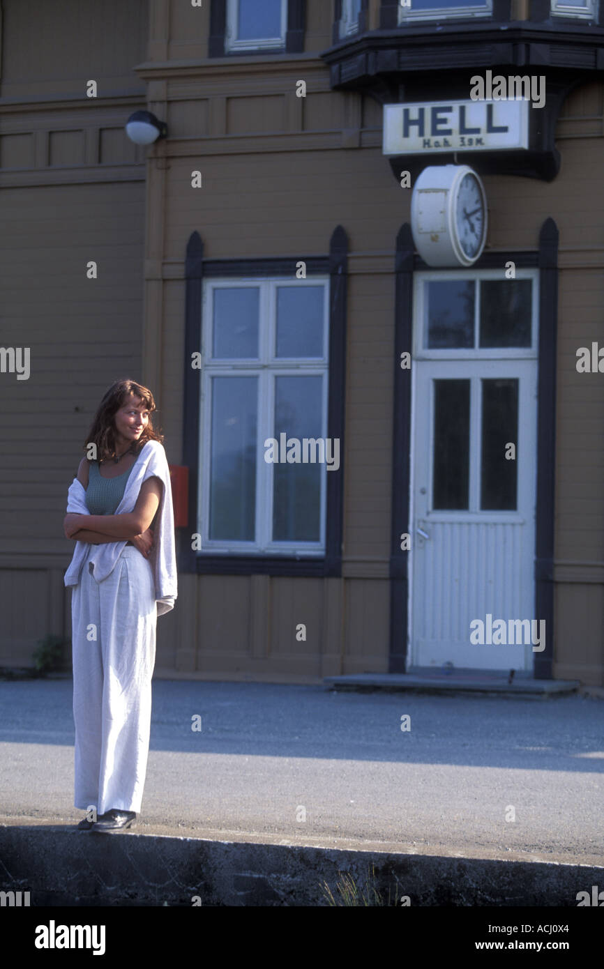 Europe Norway MR Hildegunn Johansen waits at train station in village ...