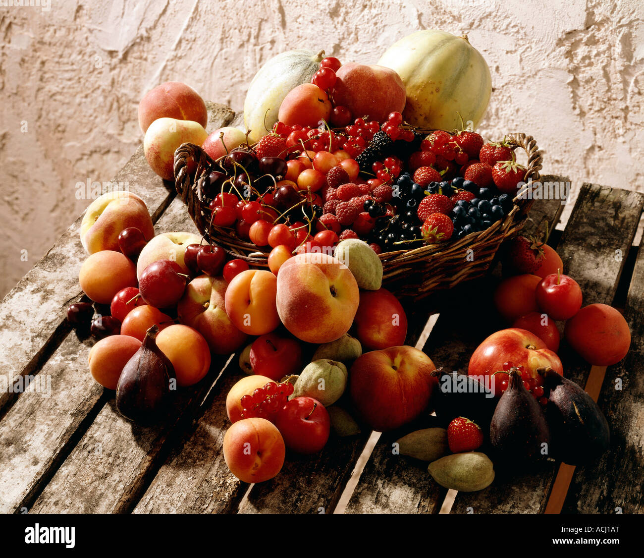 Summer fruits in basket: melons peaches figs apricots Stock Photo - Alamy