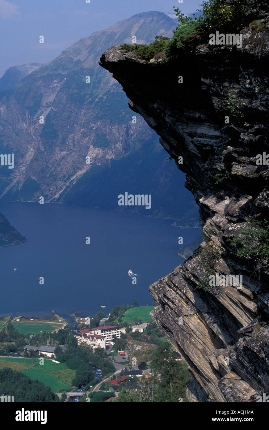 Europe Norway Steep cliffs above Geiranger along the Geirangerfjord ...