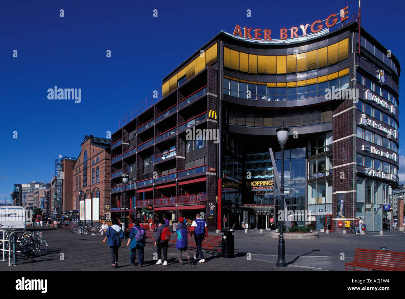 Europe Norway Modern architecture at Aker Brygge mall along downtown ...