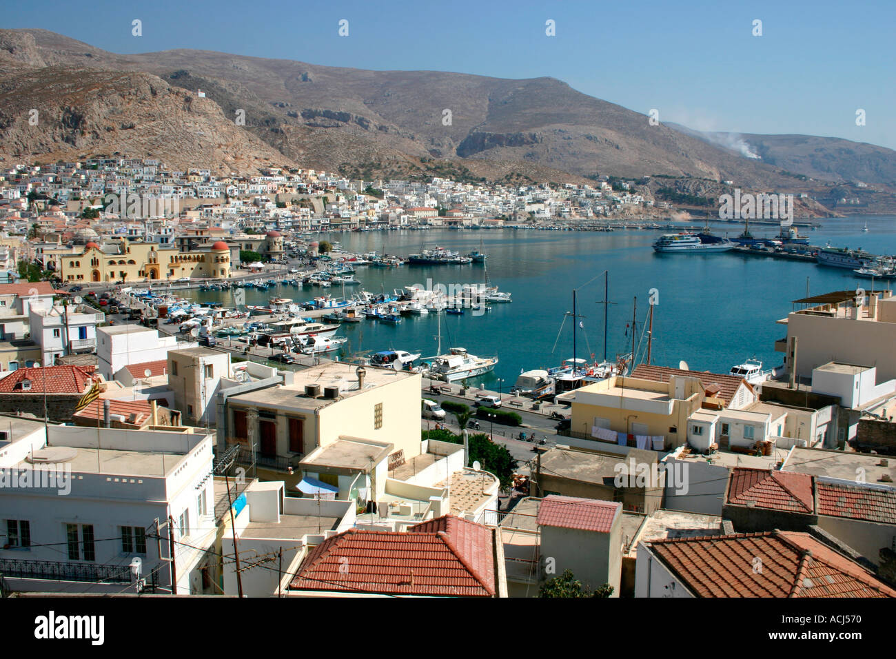 Roof top view of Pothia town on the Greek Sponge Divers island of ...