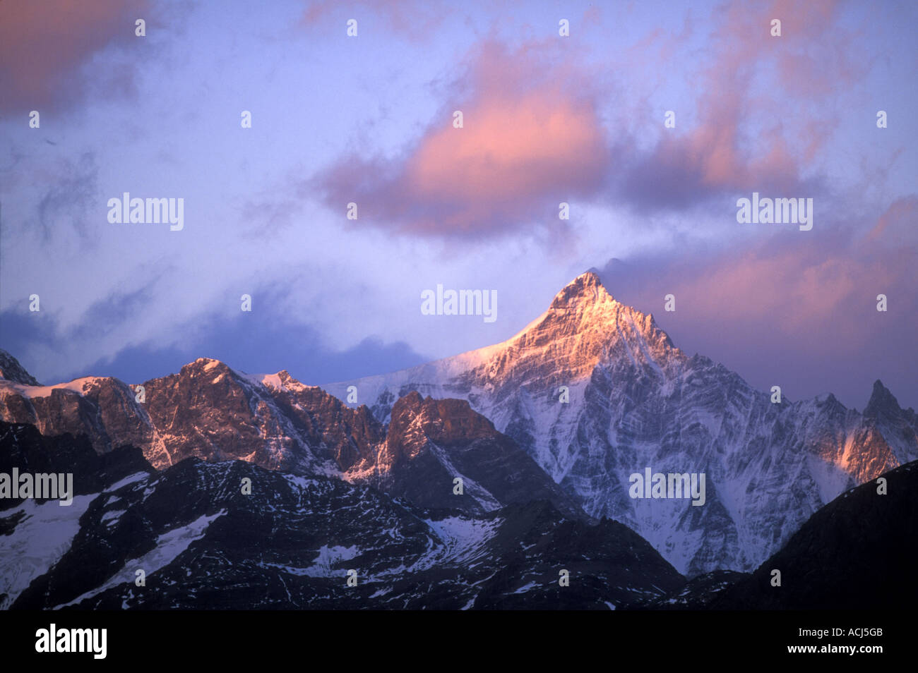 South Georgia Island Sunrise lights peaks of glacier covered peaks of ...